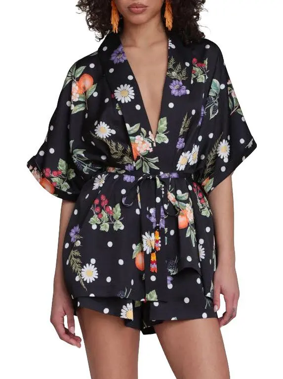 Avec Les Filles Floral Print Belted Tunic - Black Scattered Botanical