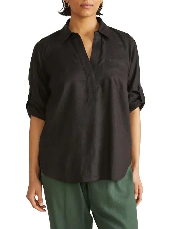 Universal Standard Linen Blend Polo Shirt With Back Buttons - Black