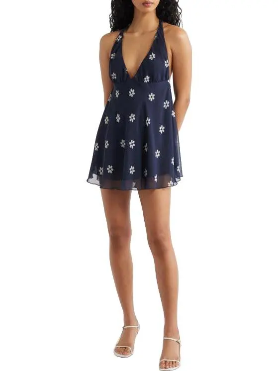 BELLA VENICE Daisy Print Halter Neck Mini Dress - Navy