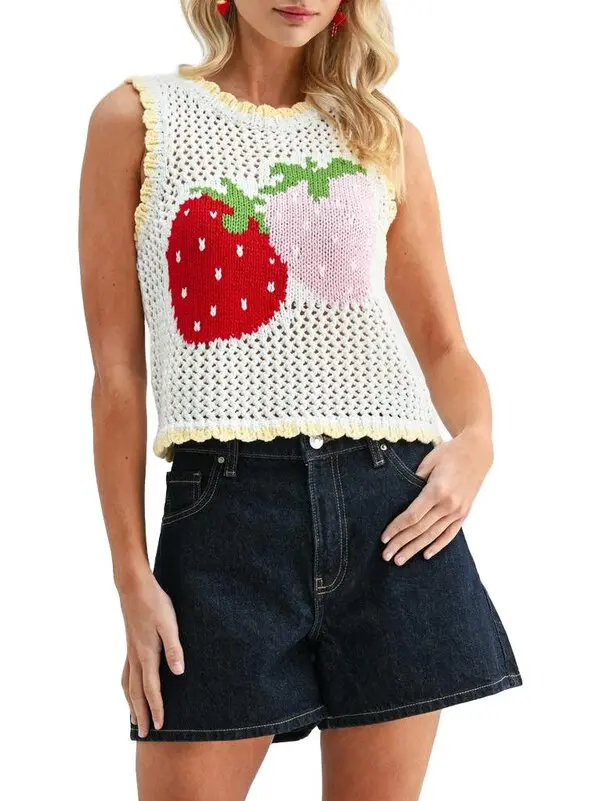 ALL IN FAVOR Strawberry Knit Sleeveless Top - Ivory Red Pink