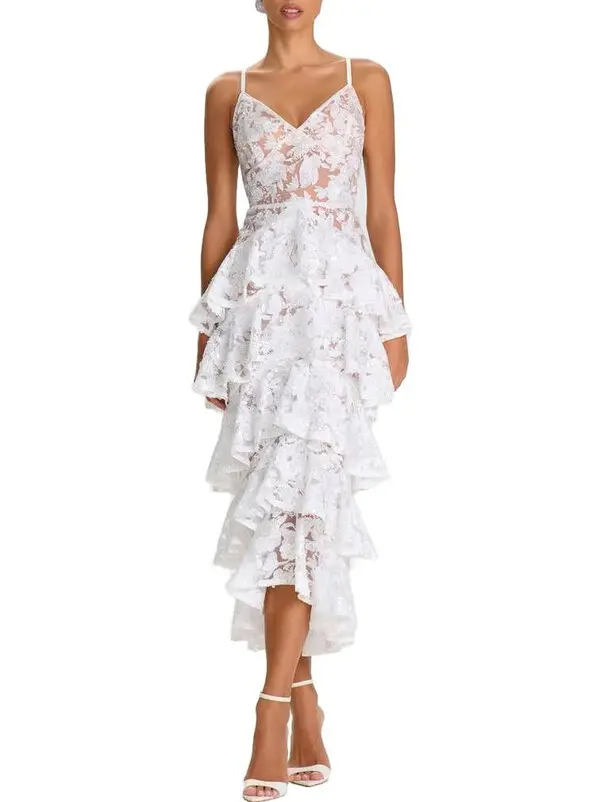 NADINE MERABI Saffron Lace Tiered Cocktail Sheath Dress - White