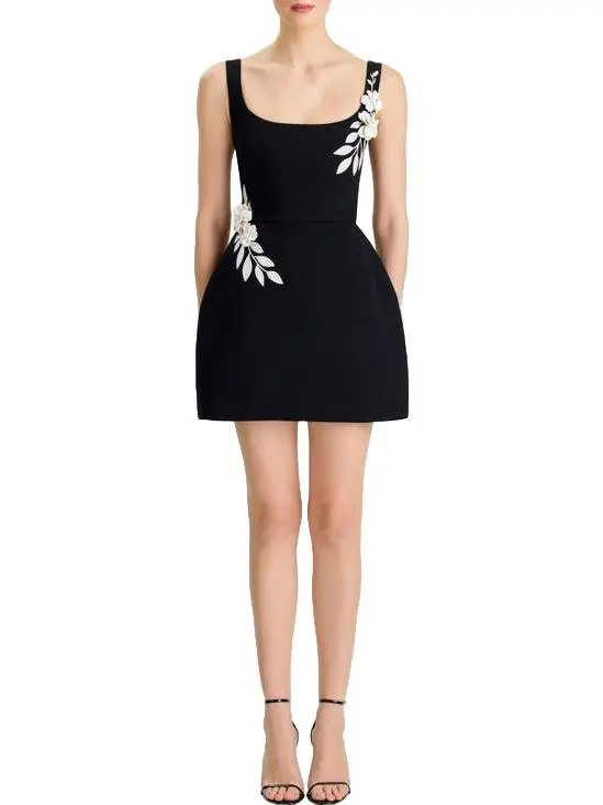 NADINE MERABI Lana Floral Appliqué Fit & Flare Mini Dress - Black