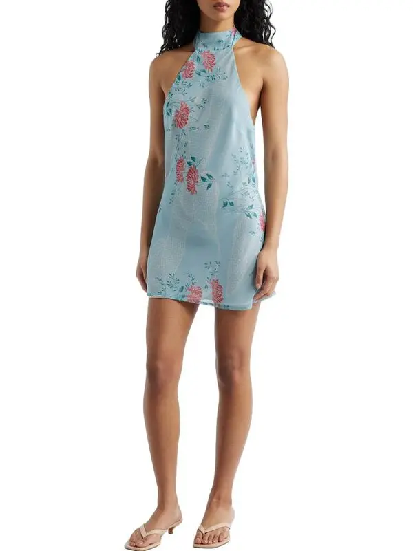 BELLA VENICE Piper Flower Halter Neck Mini Dress - Light Blue