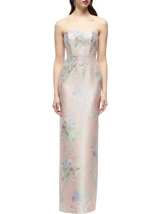 Alfred Sung Jacqueline Floral Strapless Satin Twill Column Gown - Esme Floral