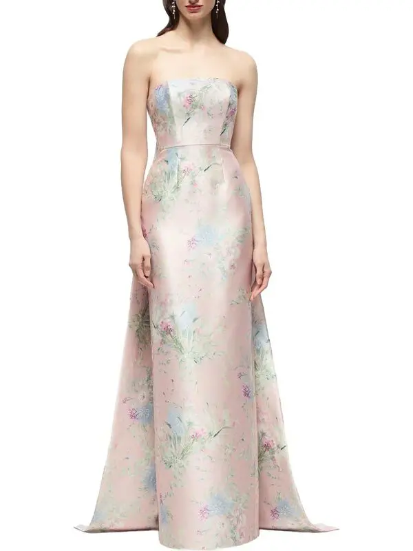Alfred Sung Strapless Satin Twill Gown With Removable Train - Esme Floral