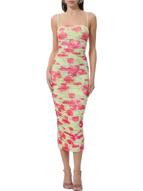 AFRM Hazel Ruched Mesh Midi Dress - Floral Dot