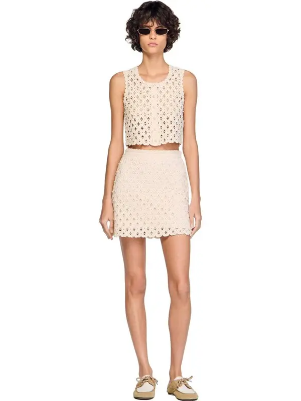 Sandro Beaded Crochet Knit Top - Ecru