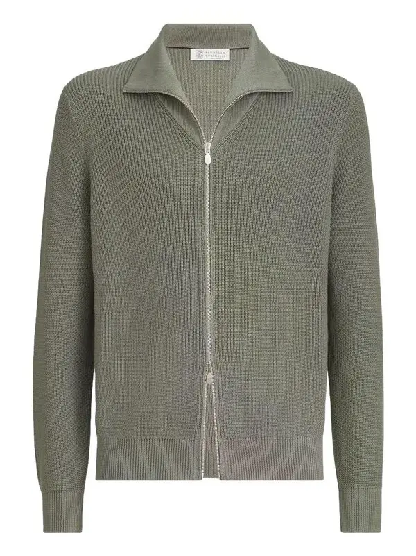 Brunello Cucinelli Cotton Half English Rib Cardigan With Zipper - Green