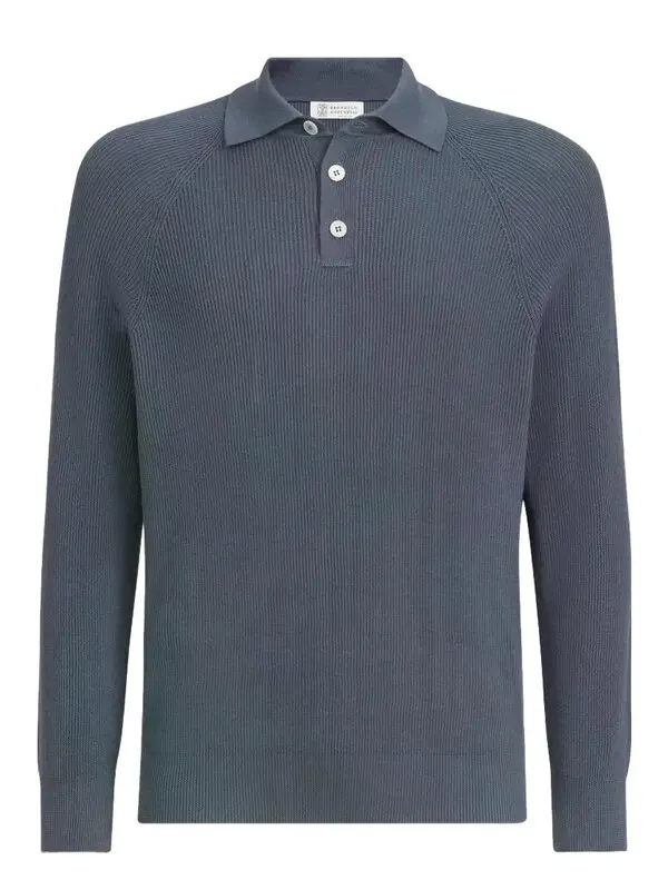 Brunello Cucinelli Cotton English Rib Knit Polo With Long Raglan Sleeves - Blue