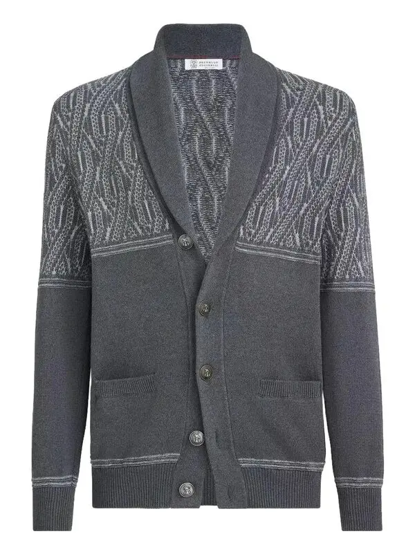 Brunello Cucinelli Cotton Shawl-collar Cardigan With Jacquard Cable Shoulder - Grey