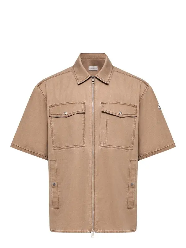 Moncler Short Sleeve Cotton Zip-up Shirt - Brown