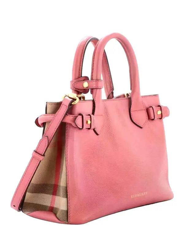 Burberry Banner Leather And House Check Canvas Small Tote Bag - Pink