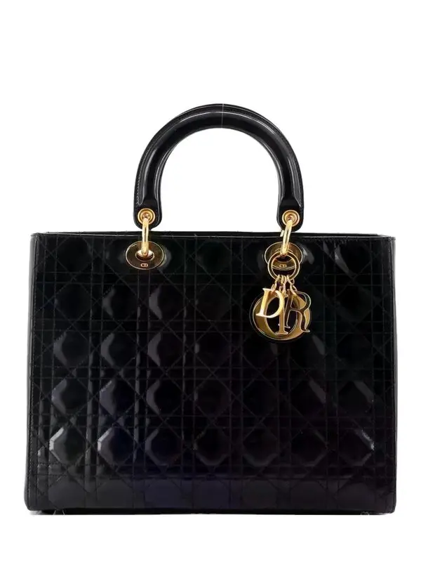 Dior Vintage Lady Large Satchel Cannage Quilt Patent - Black