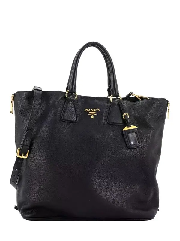Prada Side Zip Convertible Vitello Daino Large Tote Bag - Black