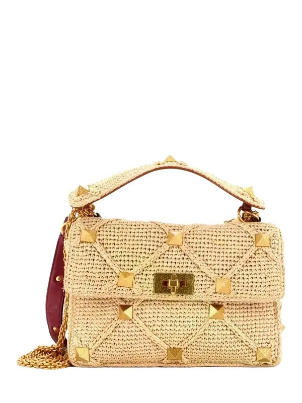 Valentino Garavani Roman Stud Woven Raffia Satchel - Neutrals