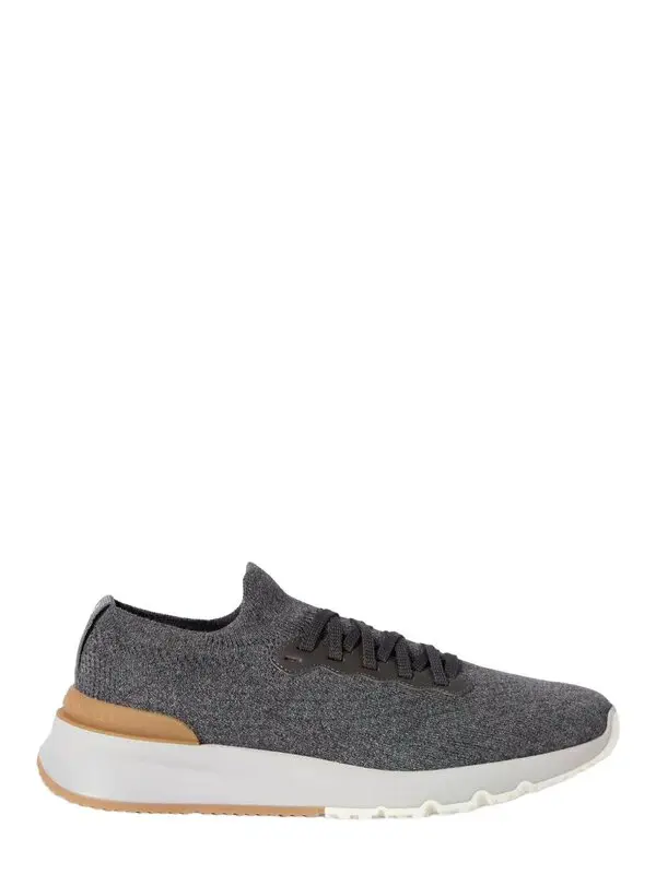 Brunello Cucinelli Cotton Knit And Calfskin Runners - Grey