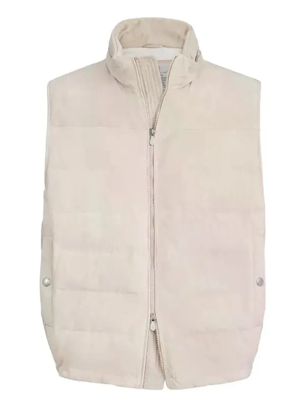 Brunello Cucinelli Suede Down Vest With Packable Hood - Neutrals