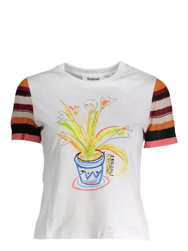 Desigual Flower-pot Print Striped-sleeve T-shirt - White