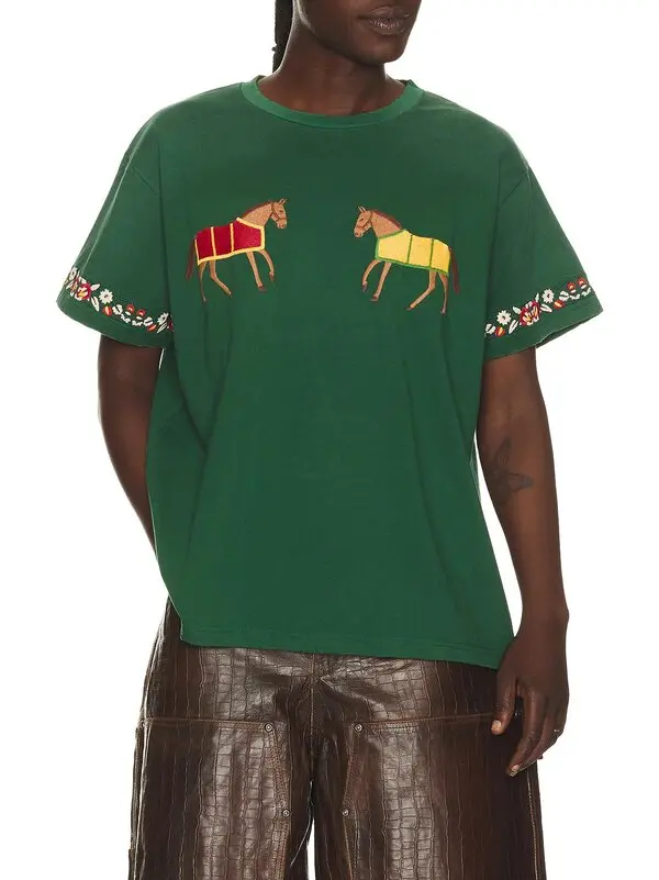 FOUND Embroidered Horse Equine Tee In Green - Washed Forest