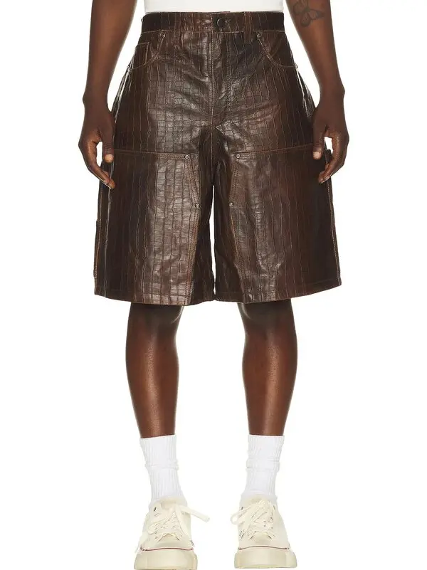 FOUND Distressed Croc Embossed Leather Shorts - Vintage Brown