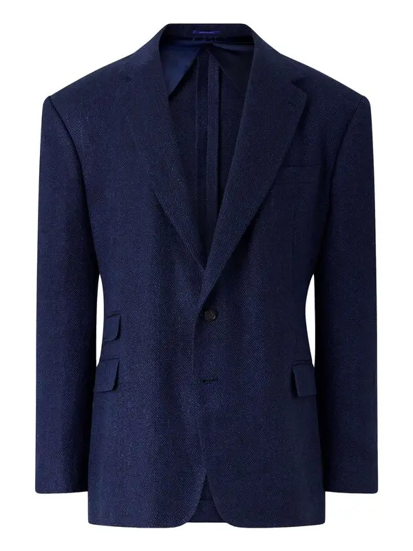 Ralph Lauren Purple Label Herringbone Cotton, Silk And Linen-blend Blazer - Navy
