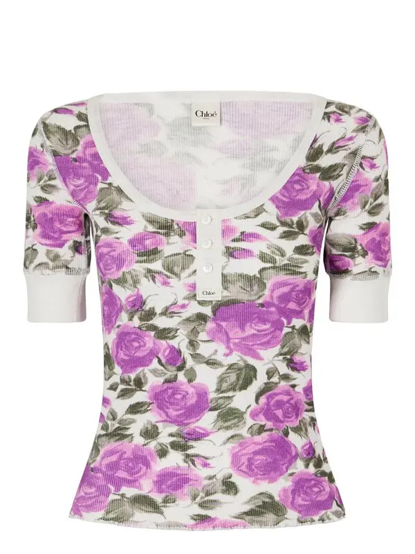 Chloé Floral-print Ribbed Stretch-cotton Jersey T-shirt - Purple