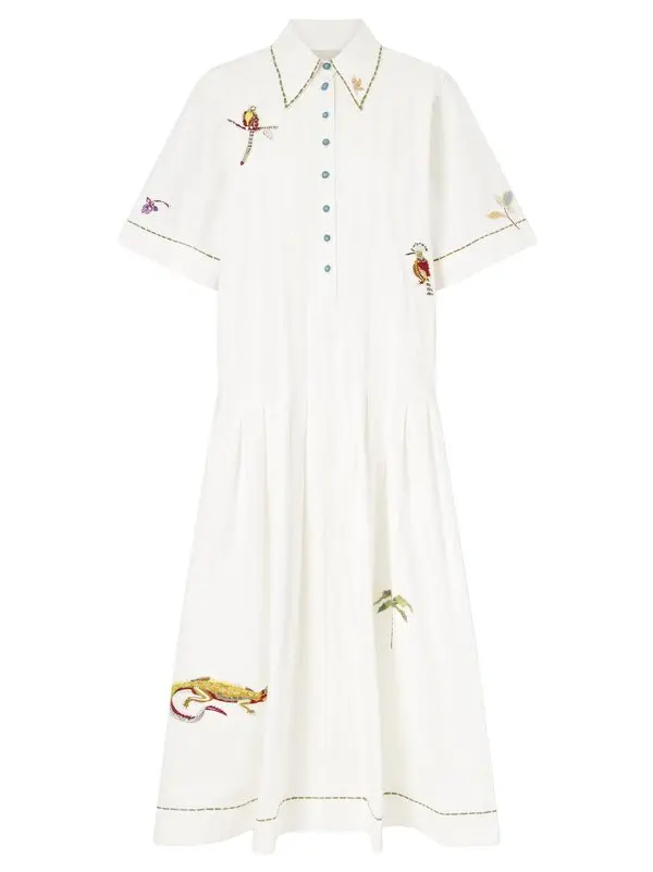 ALEMAIS Camelia Embroidered Midi Dress - White