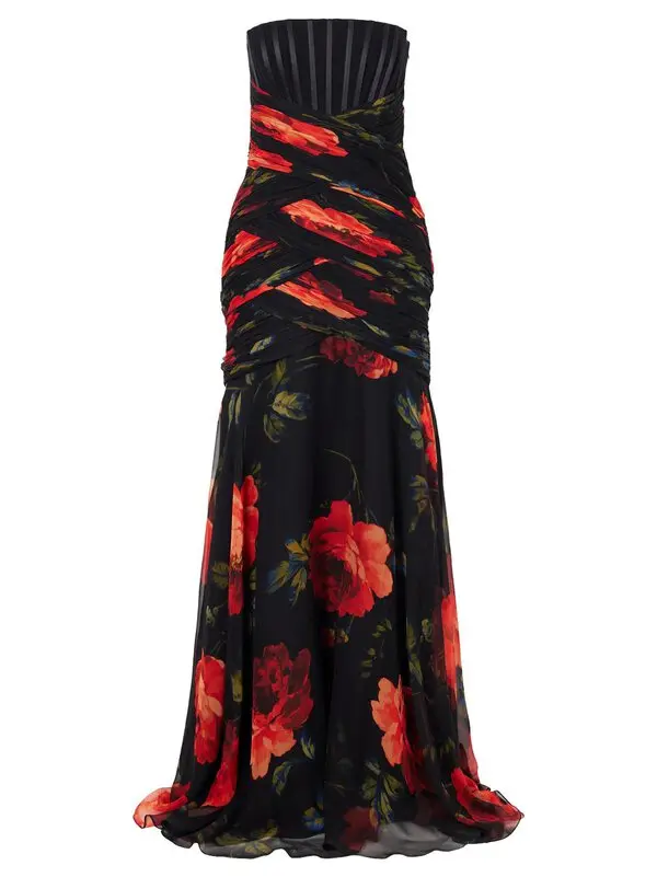 Carolina Herrera Strapless Ruched Floral-printed Silk-chiffon Gown - Multi