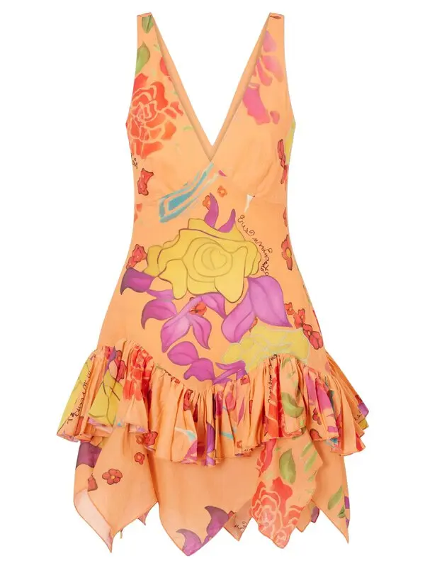 DONDE ESTEBAN Guava Flores Ruffled Printed Mini Dress - Orange