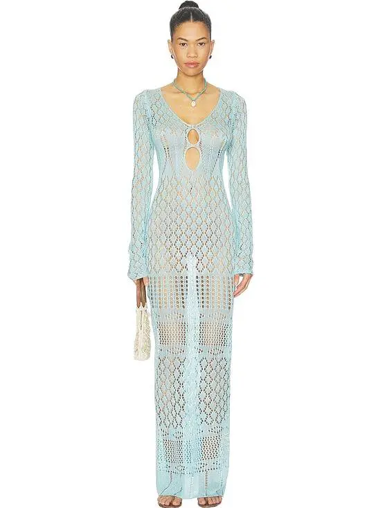SNDYS Long Sleeve Crochet Maxi Dress - Light Blue