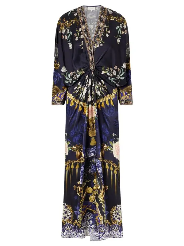 Camilla Gathered Embellished Printed Maxi Dress - Blue
