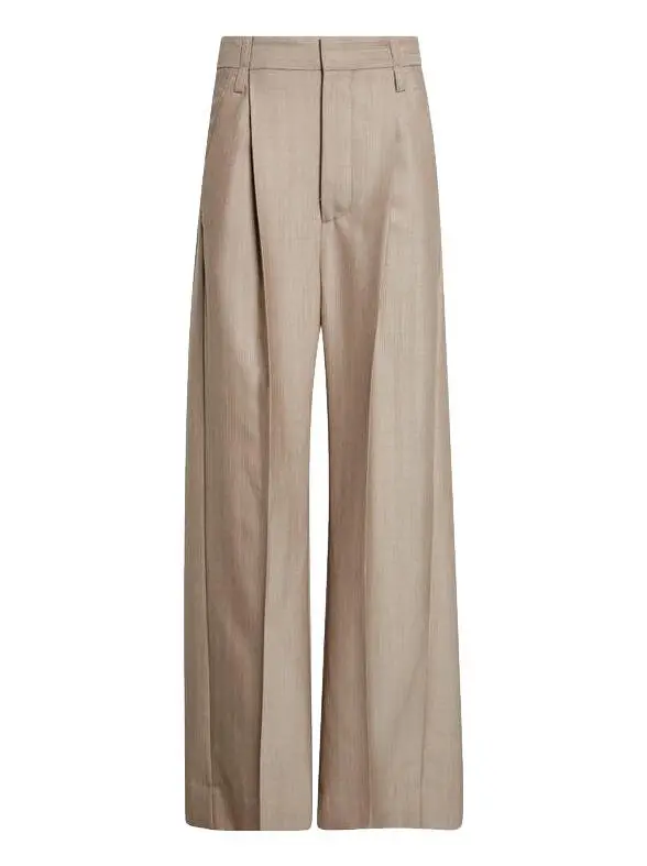 Victoria Beckham Pleated Virgin Wool Herringbone Straight Leg Pants - Limestone