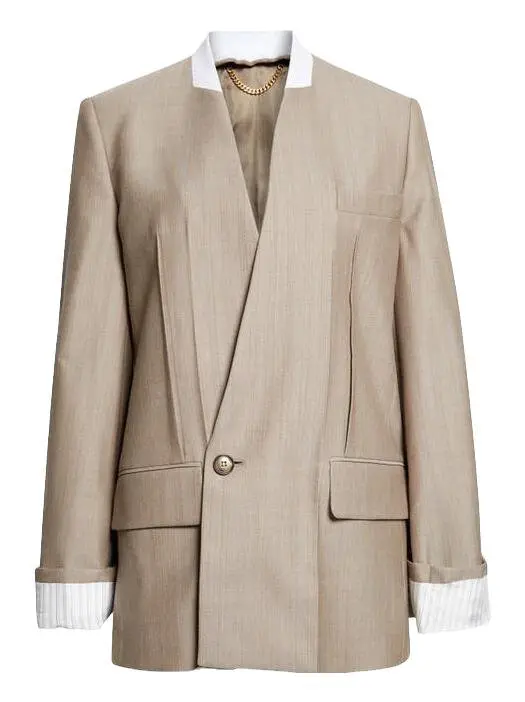 Victoria Beckham Collarless Virgin Wool Herringbone Blazer - Limestone