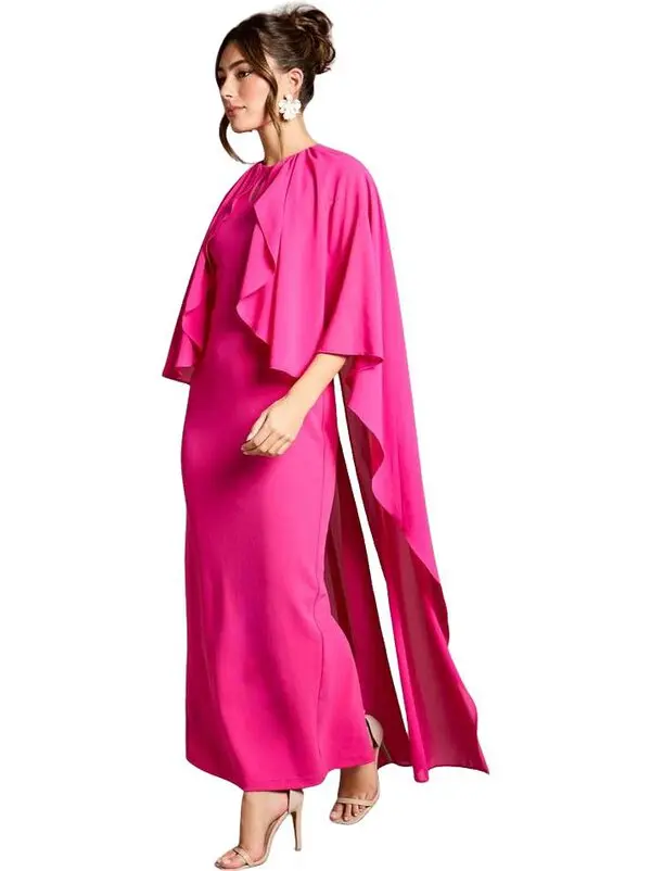 Coast Ruffle Chiffon Cape Crepe Maxi Dress - Fuchsia