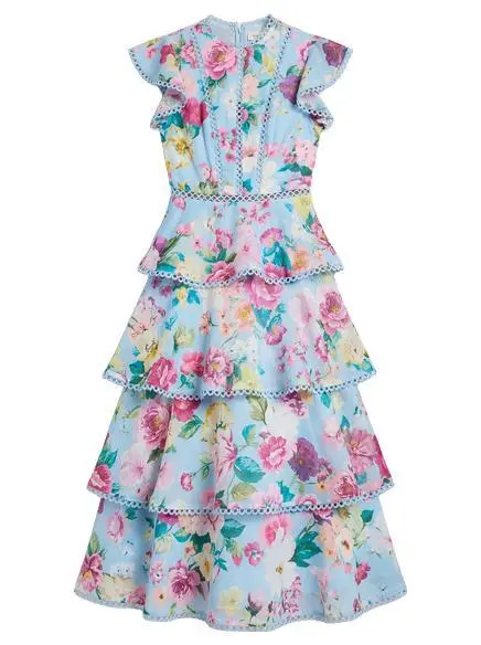 Coast Lace Trim Tiered Organza Midi Dress - Pale Blue