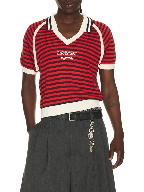 CHARLES JEFFREY Cheeky Polo In Red - Red & Navy Stripe