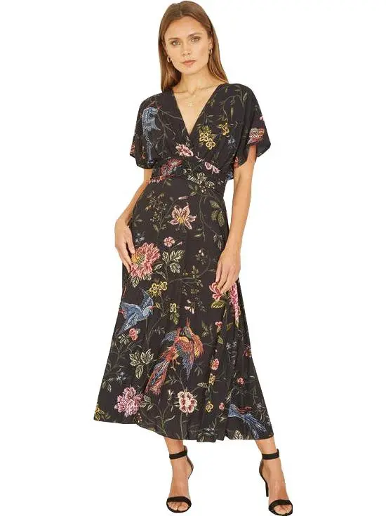 YUMI Short Sleeve V-neck Ruched Midi Dress - Black