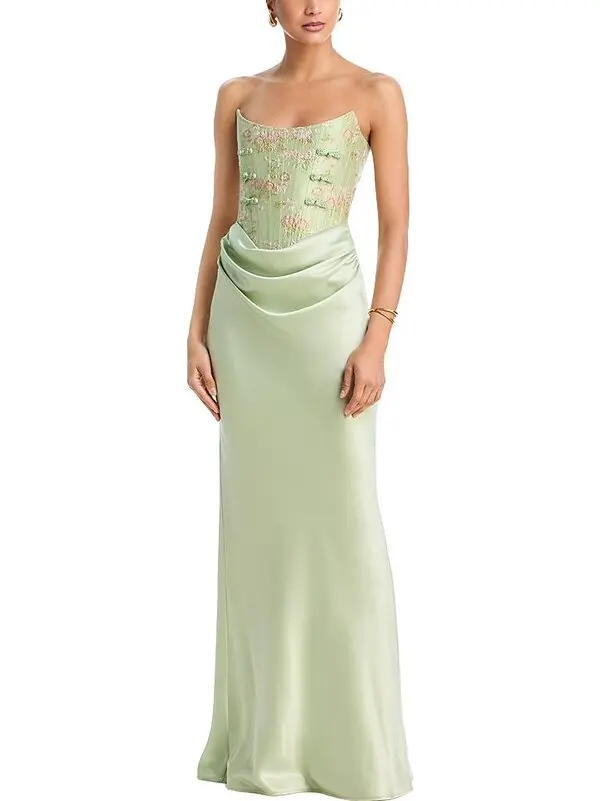 SAU LEE Frances Embroidered Corset Gown - Pastel Pistachio