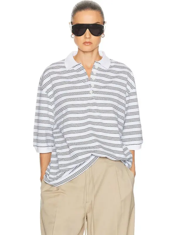 RÓHE Striped Oversized Polo Top - White & Blue Multi Stripe