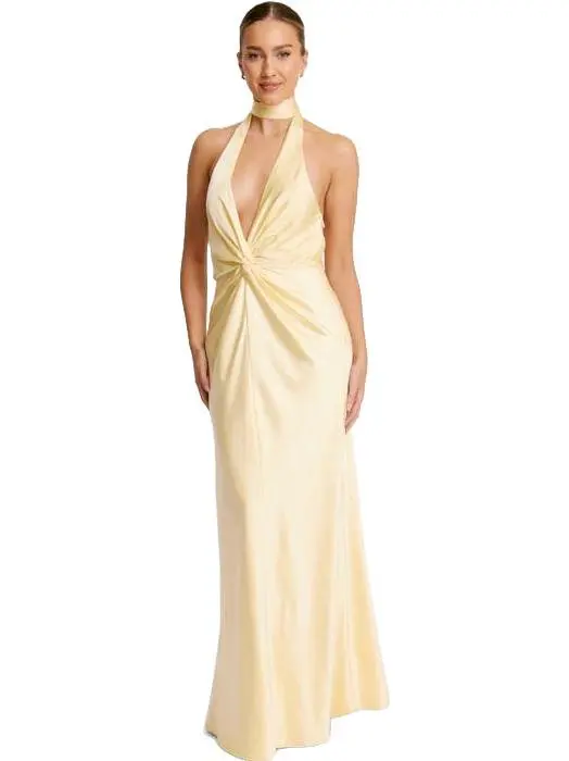 SIX STORIES Plunge Knot Satin Gown - Lemon