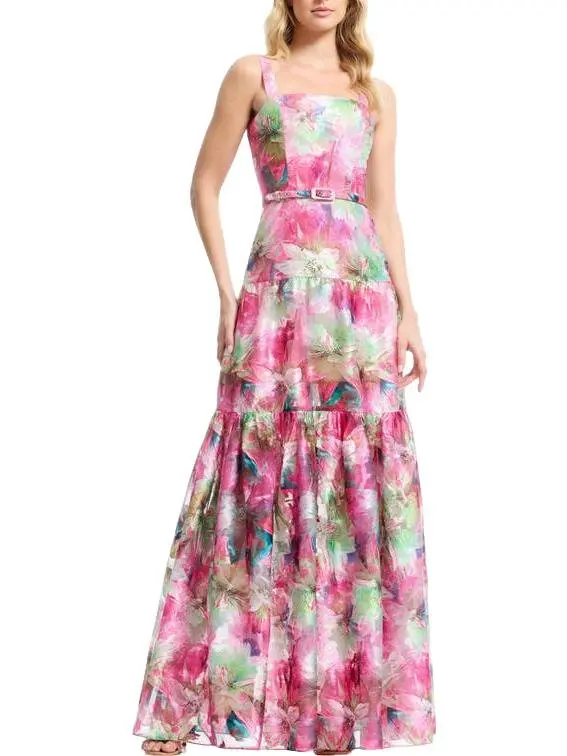 Dress The Population Tate Floral Jacquard Belted Dress - Bright Fuchsia Multi