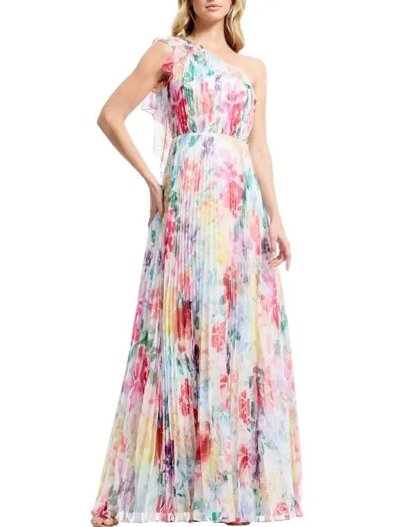Dress The Population Leandra One-shoulder Chiffon Gown - Ivory Multi