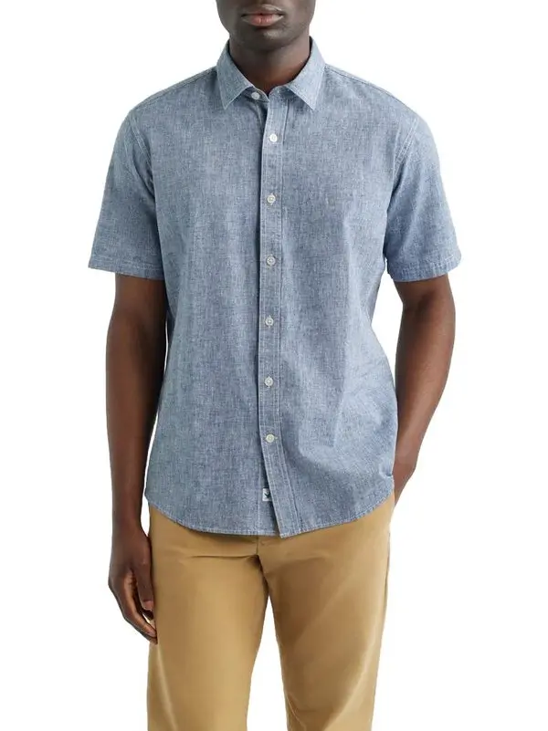 James Campbell Formosa Regular Fit Short Sleeve Cotton & Linen Sport Shirt - Navy