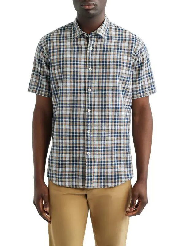 James Campbell Funchal Regular Fit Plaid Short Sleeve Cotton & Linen Sport Shirt - Blue