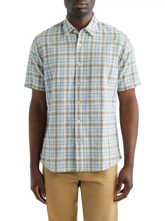 James Campbell Serra Regular Fit Plaid Short Sleeve Cotton & Linen Sport Shirt - Sky