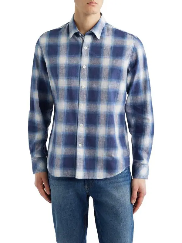 James Campbell Pamucak Regular Fit Plaid Cotton & Linen Button-up Shirt - Blue
