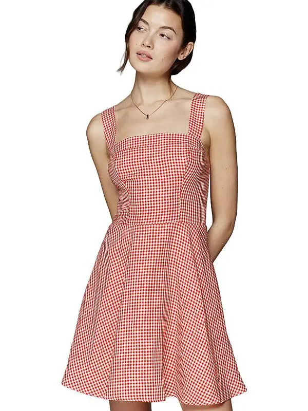 Maeve Linen Square-neck Mini Dress - Red Gingham