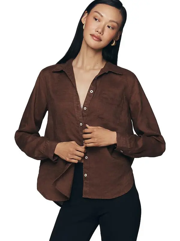 Maeve Linen Classic Buttondown Shirt - Brown