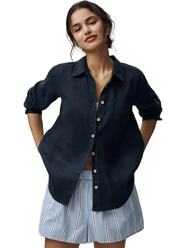 Maeve Kate Linen Classic Buttondown Shirt - Navy