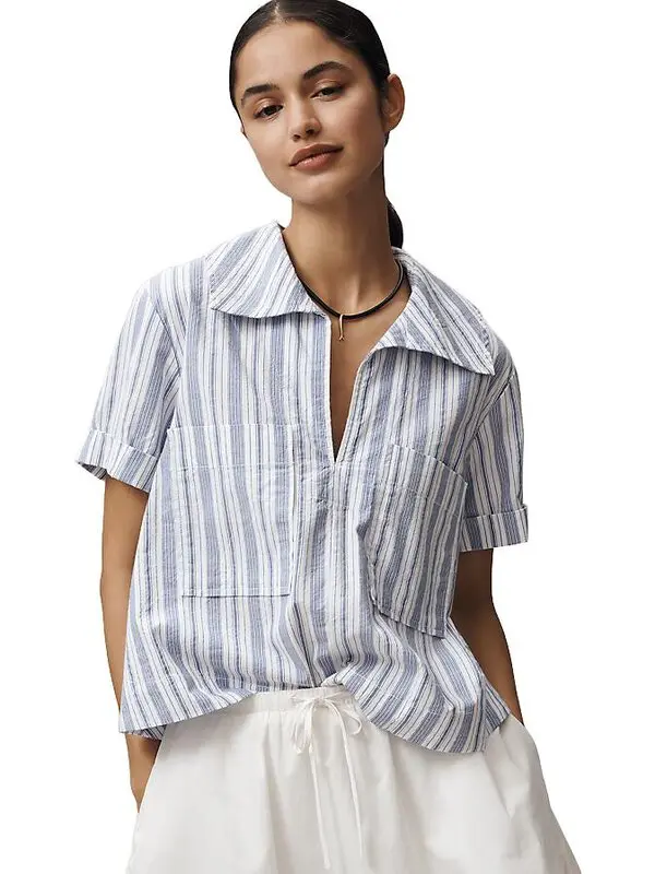 Maeve Short-sleeve Swing Buttondown Top - Blue Stripe